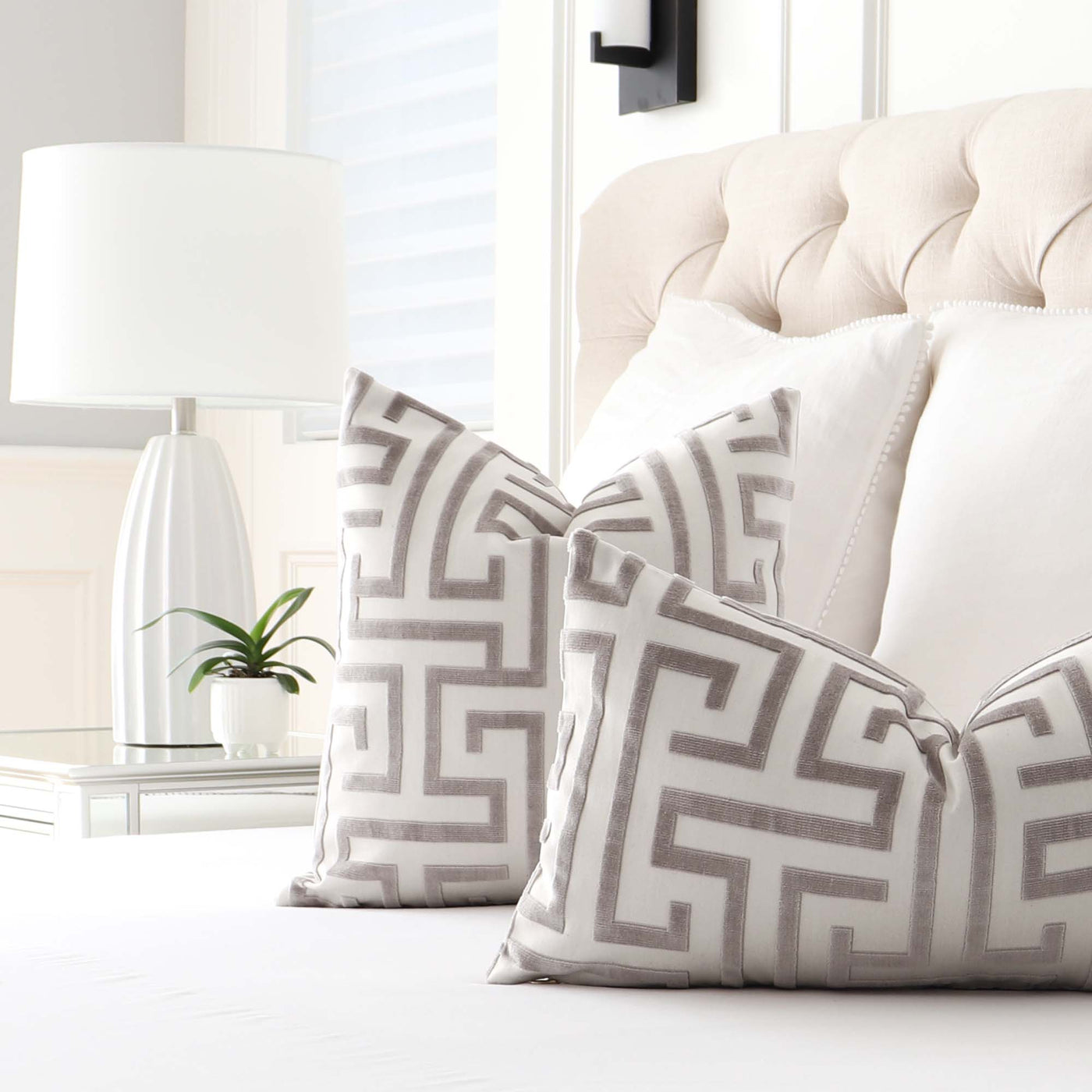 Thibaut Ming Trail Velvet Light Gray Throw Pillow | Greek Key Pattern ...